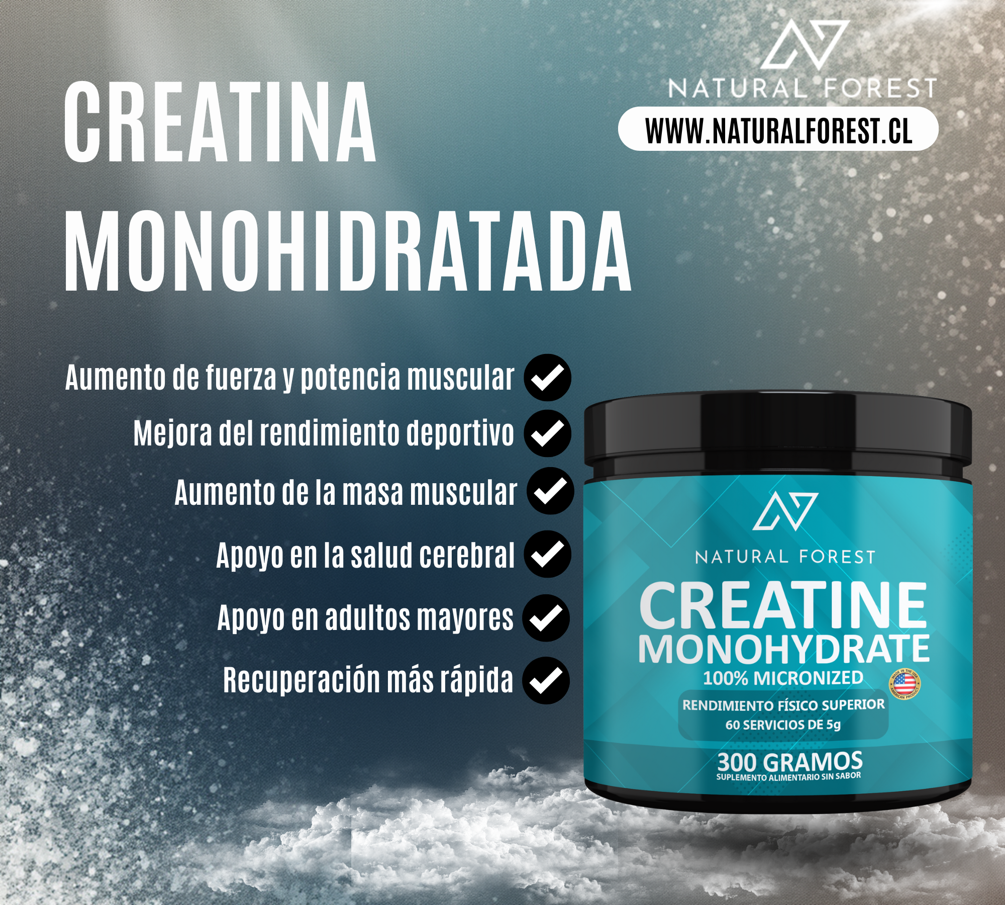 Creatina Monohidratada 300g Natural Forest Pura Micronizada